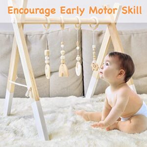 Wooden Baby Play Gym, PgUp Foldable Baby Gym with 4 Wooden Baby Hanging Toys for Play & Learn, Baby Activity Gym Frame Hanging Bar Toddler Gym Newborn Gift for Baby Girl and Boy