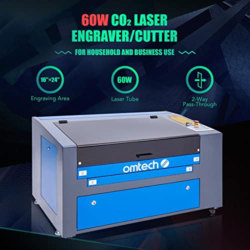 OMTech 60W CO2 Laser Engraver, 16x24 Inch 60W Laser Engraving Machine with Ruida Controller 2 Way Pass Doors Air Assist RDWorks Wheels, Laser Marking Etching Machine for Wood Acrylic Paper Fabric More