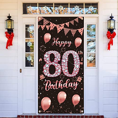 Happy 80th Birthday Door Banner Decorations for Women - Rose Gold 80th Birthday Party Door Cover Backdrop Supplies - 80 Year Old Birthday Door Banner Photo Booth Background