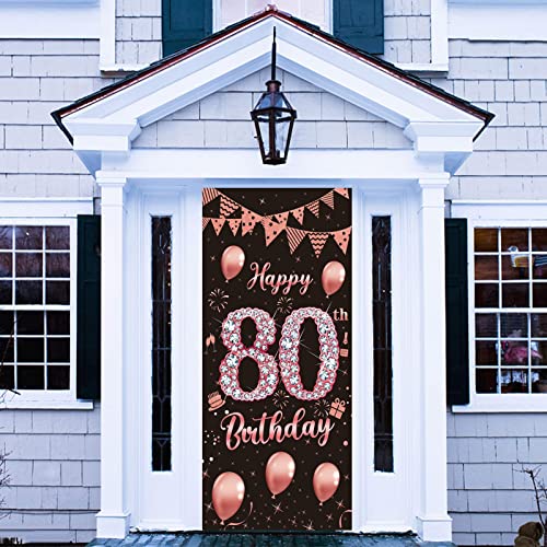 Happy 80th Birthday Door Banner Decorations for Women - Rose Gold 80th Birthday Party Door Cover Backdrop Supplies - 80 Year Old Birthday Door Banner Photo Booth Background