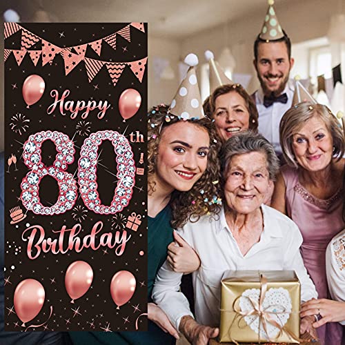 Happy 80th Birthday Door Banner Decorations for Women - Rose Gold 80th Birthday Party Door Cover Backdrop Supplies - 80 Year Old Birthday Door Banner Photo Booth Background