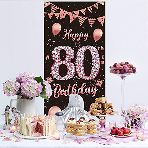 Happy 80th Birthday Door Banner Decorations for Women - Rose Gold 80th Birthday Party Door Cover Backdrop Supplies - 80 Year Old Birthday Door Banner Photo Booth Background