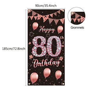 Happy 80th Birthday Door Banner Decorations for Women - Rose Gold 80th Birthday Party Door Cover Backdrop Supplies - 80 Year Old Birthday Door Banner Photo Booth Background