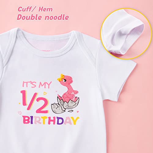 WAWSAM Baby Girls Half Birthday Bodysuit 1/2 Half Birthday One-Piece Romper Newborn Dinosaur Short Sleeve Onesie Infant Half Birthday Jumpsuit for Birthday Girl