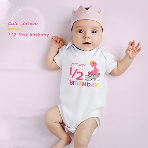 WAWSAM Baby Girls Half Birthday Bodysuit 1/2 Half Birthday One-Piece Romper Newborn Dinosaur Short Sleeve Onesie Infant Half Birthday Jumpsuit for Birthday Girl