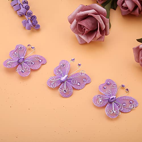 Yosoo Health Gear Purple Wire Butterflies, Mesh Butterfly Sheer, 24Pcs Sheer Mesh Wire Glitter Butterfly Wedding Party Clothing Decoration DIY Supplies for Decorating(Purple)