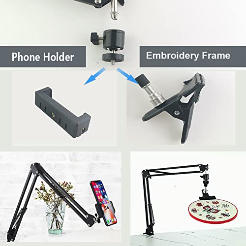 Embroidery Hoop Holder - Adjustable Embroidery Hoop Stand, Metal Embroidery Stand，Folding Embroidery Stand Cross Stitch Stand 360 Hoop Spin knob,Suitable for Phone Holder.