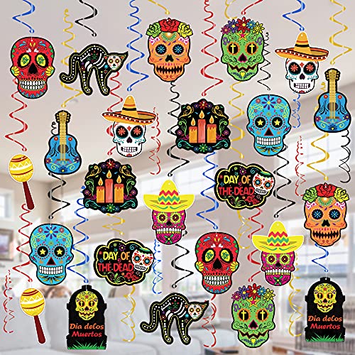 Tifeson Día de Los Muertos Decorations Hanging Swirls - 36 Pcs Mexican Day of The Dead Sugar Skull Ceiling Swirls for Coco Theme Party, Cinco de Mayo, Halloween Sugar Skull Party Decorations Supplies