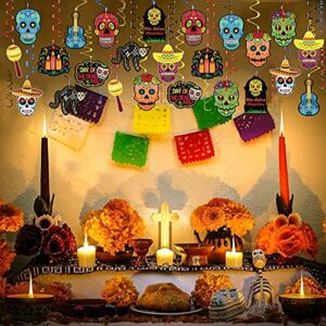 Tifeson Día de Los Muertos Decorations Hanging Swirls - 36 Pcs Mexican Day of The Dead Sugar Skull Ceiling Swirls for Coco Theme Party, Cinco de Mayo, Halloween Sugar Skull Party Decorations Supplies