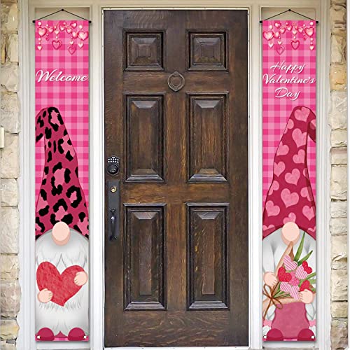 Valentine's Day Gnome Porch Banner Buffalo Check Plaid Anniversary Holiday Front Door Sign Wall Hanging Party Decoration