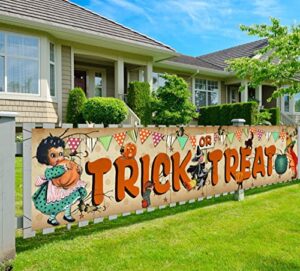 vintage halloween decorations outdoor yard sign trick or treat banner witch pumpkin backdrop home wall decor traditional retro hanging banner for halloween holiday party supplies indoor outdoor