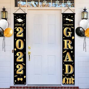 graduation party decorations 2022 banner, grad decor porch yard sign door banner for senior school college kindergarten, black gold congrats grad & class of 2022 indoor/outdoor grad party supplies