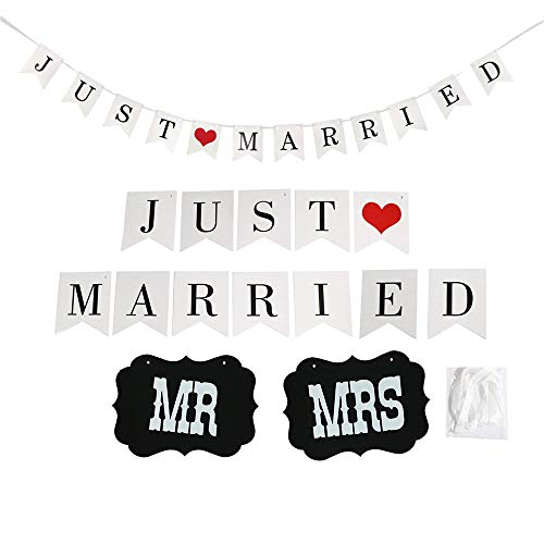 JUST Married Wedding Banner Bunting Photo Booth Props Garland Bridal Shower Decoration with Mr and Mrs Chair Signs