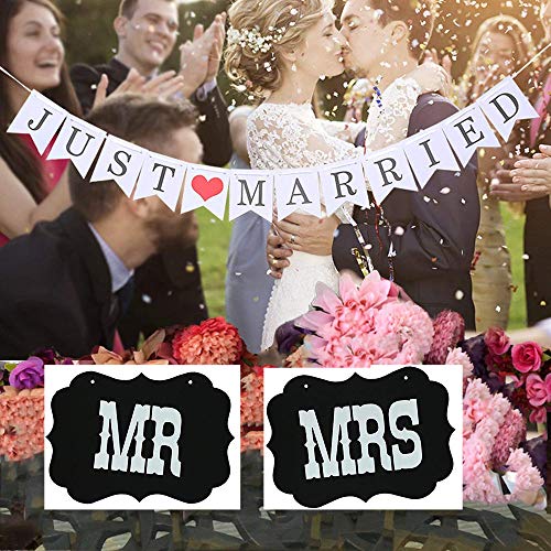 JUST Married Wedding Banner Bunting Photo Booth Props Garland Bridal Shower Decoration with Mr and Mrs Chair Signs