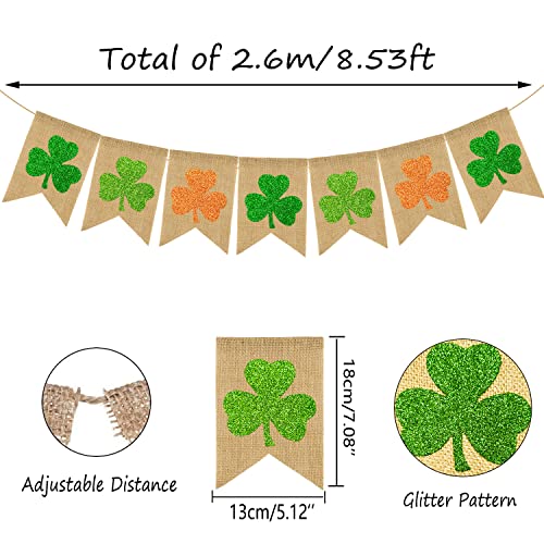 Doumeny Glitter Shamrock Burlap Banner St. Patrick's Day Bunting Banner Green Orange Lucky Clover Garland Banner Irish Lucky Day Party Banner Spring Holiday Decorative Garland for Mantel Fireplace