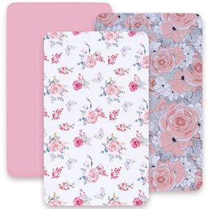 jarosy ultra soft mini crib sheets 3 pack, silky skin-friendly playard pack n play sheets for baby girls, 5” deep pocket fit all pack n play, playard, mini and portable crib mattresses, florals theme