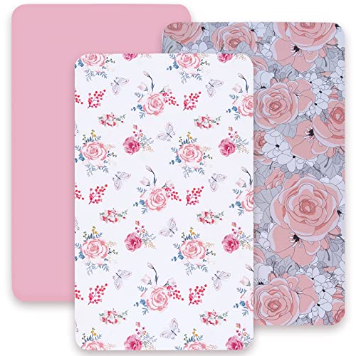 JAROSY Ultra Soft Mini Crib Sheets 3 Pack, Silky Skin-Friendly Playard Pack n Play Sheets for Baby Girls, 5'' Deep Pocket Fit All Pack N Play, Playard, Mini and Portable Crib Mattresses, Florals Theme