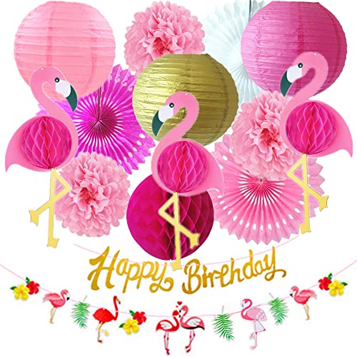 Tropical Flamingo Party Decoration Hawaiian Party Supplies Flamingo Birthday Banners， Hanging Paper Fans, Paper Flowers Paper Lanterns for Hawaiian Summer Beach Party Birthday Party