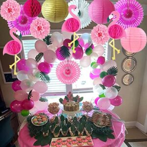 Tropical Flamingo Party Decoration Hawaiian Party Supplies Flamingo Birthday Banners， Hanging Paper Fans, Paper Flowers Paper Lanterns for Hawaiian Summer Beach Party Birthday Party