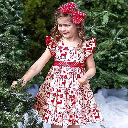 Toddler Baby Girls Christmas Dress Kid Ruffle Sleeveless Animal Cartoon Pattern Baby Girl Skirt Xmas Outfit Set (Red Ruffle Christmas Dress, 6-9 Months)