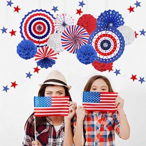 MOVINPE 4th of July Patriotic Party Decorations Set, American Flag Hanging Paper Fans, Paper Flower Balls Pom Poms, 4Pcs Star Streamers Banner Garland Independence Day Party Supplies