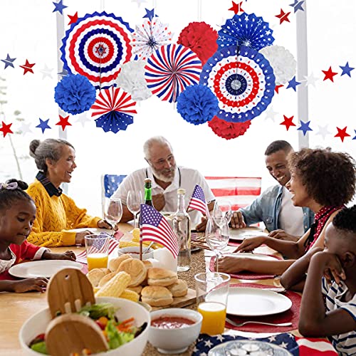 MOVINPE 4th of July Patriotic Party Decorations Set, American Flag Hanging Paper Fans, Paper Flower Balls Pom Poms, 4Pcs Star Streamers Banner Garland Independence Day Party Supplies