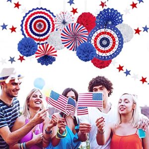 MOVINPE 4th of July Patriotic Party Decorations Set, American Flag Hanging Paper Fans, Paper Flower Balls Pom Poms, 4Pcs Star Streamers Banner Garland Independence Day Party Supplies