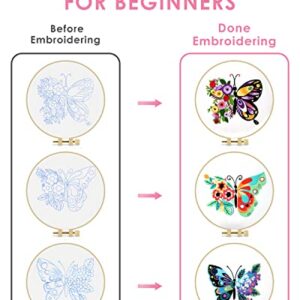 Butterfly Flower Embroidery Stitch Practice kit, 3 Sets Beginners Embroidery Kit for Beginners Include Embroidery Cloth Hoops Threads for Craft Lover Hand Stitch with Embroidery Skill Techniques