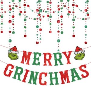 merry grinchmas banner, 16.5ft red and green glitter grinch christmas banner, merry grinchmas party decorations for home wall office mantel fireplace grinchmas christmas decorations