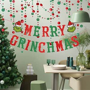 Merry Grinchmas Banner, 16.5Ft Red and Green Glitter Grinch Christmas Banner, Merry Grinchmas Party Decorations for Home Wall Office Mantel Fireplace Grinchmas Christmas Decorations