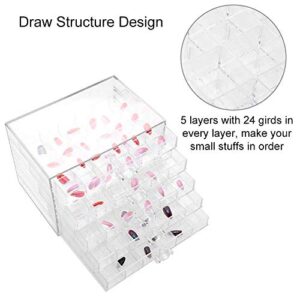 Pilarmuture Acrylic Jewelry Organizer,Earring Storage Box Organizer,5 Layer Drawer 120 Grids Jewelry Storage Box Holder,for Crafts Art Supply Diamond Painting Nail Tip Bead Earring Ring(Transparent)