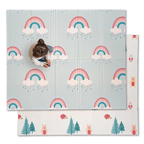 JumpOff Jo - Large Waterproof Foam Padded Play Mat for Infants, Babies, & Toddlers - Play & Tummy Time, Foldable Activity Mat, 70 in. x 59 in. - Woodland, Pack of 1 Rainbow