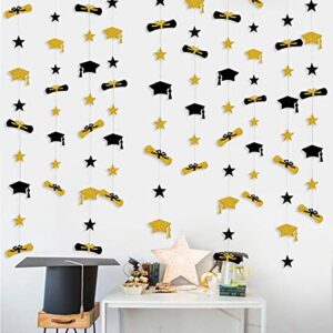 graduation decorations 2023 graduation hat diploma star garland banner bunting streamer backdrop for graduation party supplies classroom middle high school grad home decor (black gold)