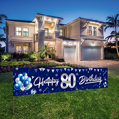 Happy 80th Birthday Banner Decorations for Men, Blue Silver 80 Year Old Birthday Yard Banner Party Supplies, Eighty Birthday Sign Backdrop Decor for Outdoor Indoor