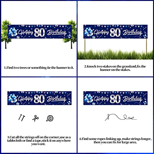 Happy 80th Birthday Banner Decorations for Men, Blue Silver 80 Year Old Birthday Yard Banner Party Supplies, Eighty Birthday Sign Backdrop Decor for Outdoor Indoor