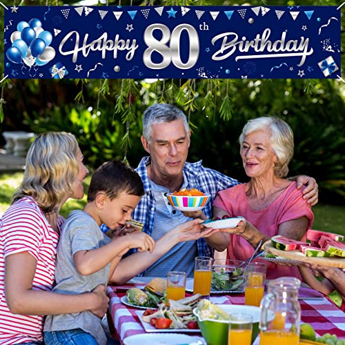 Happy 80th Birthday Banner Decorations for Men, Blue Silver 80 Year Old Birthday Yard Banner Party Supplies, Eighty Birthday Sign Backdrop Decor for Outdoor Indoor