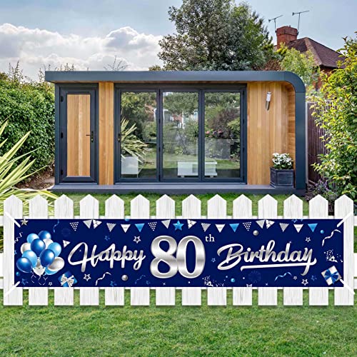 Happy 80th Birthday Banner Decorations for Men, Blue Silver 80 Year Old Birthday Yard Banner Party Supplies, Eighty Birthday Sign Backdrop Decor for Outdoor Indoor