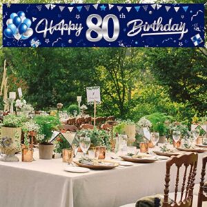 Happy 80th Birthday Banner Decorations for Men, Blue Silver 80 Year Old Birthday Yard Banner Party Supplies, Eighty Birthday Sign Backdrop Decor for Outdoor Indoor