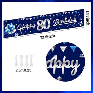 Happy 80th Birthday Banner Decorations for Men, Blue Silver 80 Year Old Birthday Yard Banner Party Supplies, Eighty Birthday Sign Backdrop Decor for Outdoor Indoor