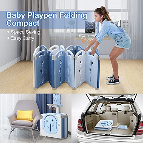 YOLEO Baby Playpen for Babies and Toddlers Portable Kids Play Yards Foldable Gated Fences for Crawling Kids Large Activity Area Blue Themed 14 Panels