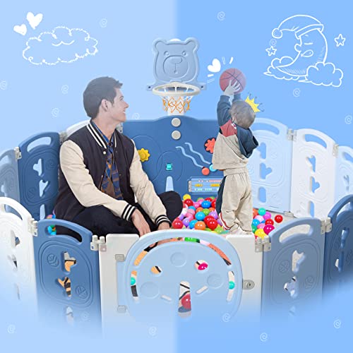 YOLEO Baby Playpen for Babies and Toddlers Portable Kids Play Yards Foldable Gated Fences for Crawling Kids Large Activity Area Blue Themed 14 Panels