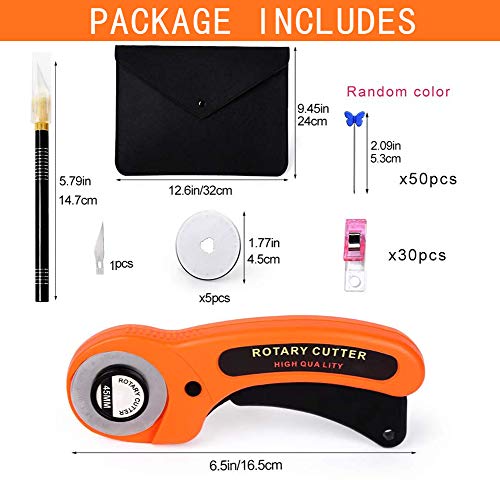 Swiftrans 90 PCS Rotary Cutter Kit, 45mm Rotary Cutter Tool Kit with 5 Extra Blades, A4 Cutting Mat, Patchwork Ruler, Carving Knife, Storage Bag Ideal Craft Supplies Set for Fabric Sewing and Quilting