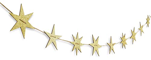 Whaline Star Banner with String Wooden Glitter Star Banner Pre-Assembled Gold Star Hanging Bunting for Christmas Garland Gold Wedding Baby Shower Birthday Party Decorations