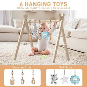 Wooden Baby Play Gym for Baby Gym with 6 Infant Toys, MAAZO Foldable Baby Play Gym Frame Activity Center Hanging Bar Newborn Toys Baby Gifts Easy to Assemble (Natural Color)