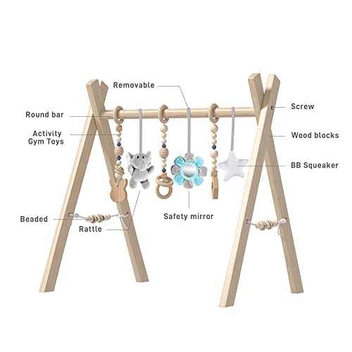 Wooden Baby Play Gym for Baby Gym with 6 Infant Toys, MAAZO Foldable Baby Play Gym Frame Activity Center Hanging Bar Newborn Toys Baby Gifts Easy to Assemble (Natural Color)