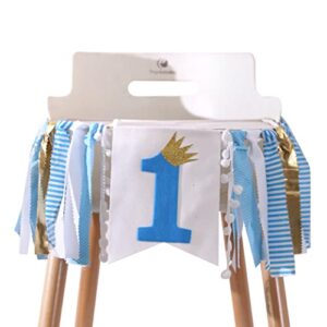 YESSWL 1st Birthday High Chair Banner - Baby Boy First Birthday Decorations High Chair Banner, One Birthday Party Decorations for Rag Tie Fabric Garland, Cake Smash Photo Booth Props Party Supplies((blue High Chair Banner)