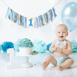 YESSWL 1st Birthday High Chair Banner - Baby Boy First Birthday Decorations High Chair Banner, One Birthday Party Decorations for Rag Tie Fabric Garland, Cake Smash Photo Booth Props Party Supplies((blue High Chair Banner)