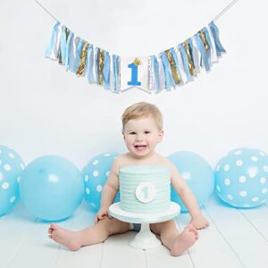 YESSWL 1st Birthday High Chair Banner - Baby Boy First Birthday Decorations High Chair Banner, One Birthday Party Decorations for Rag Tie Fabric Garland, Cake Smash Photo Booth Props Party Supplies((blue High Chair Banner)