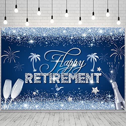 Happy Retirement Banner Backdrop Blue Silver Decorations Background Photo Booth Prop for Men Women Photography Officially Retire Party Decor Supplies