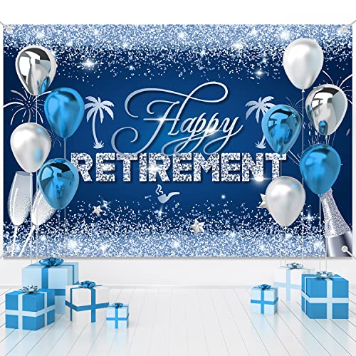 Happy Retirement Banner Backdrop Blue Silver Decorations Background Photo Booth Prop for Men Women Photography Officially Retire Party Decor Supplies